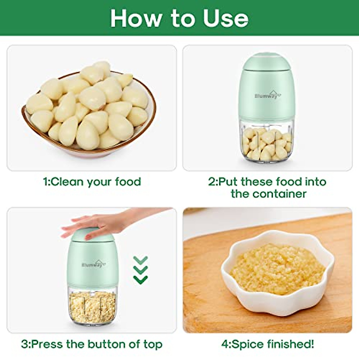 300ML Electric Mini Food Processor, 60W Cordless Food Press Garlic Chopper, Mini Blender For Garlic,Vegetable,Fruit,Onions,Chili,Meat,Salad,Baby Food, Glass Container (Green)