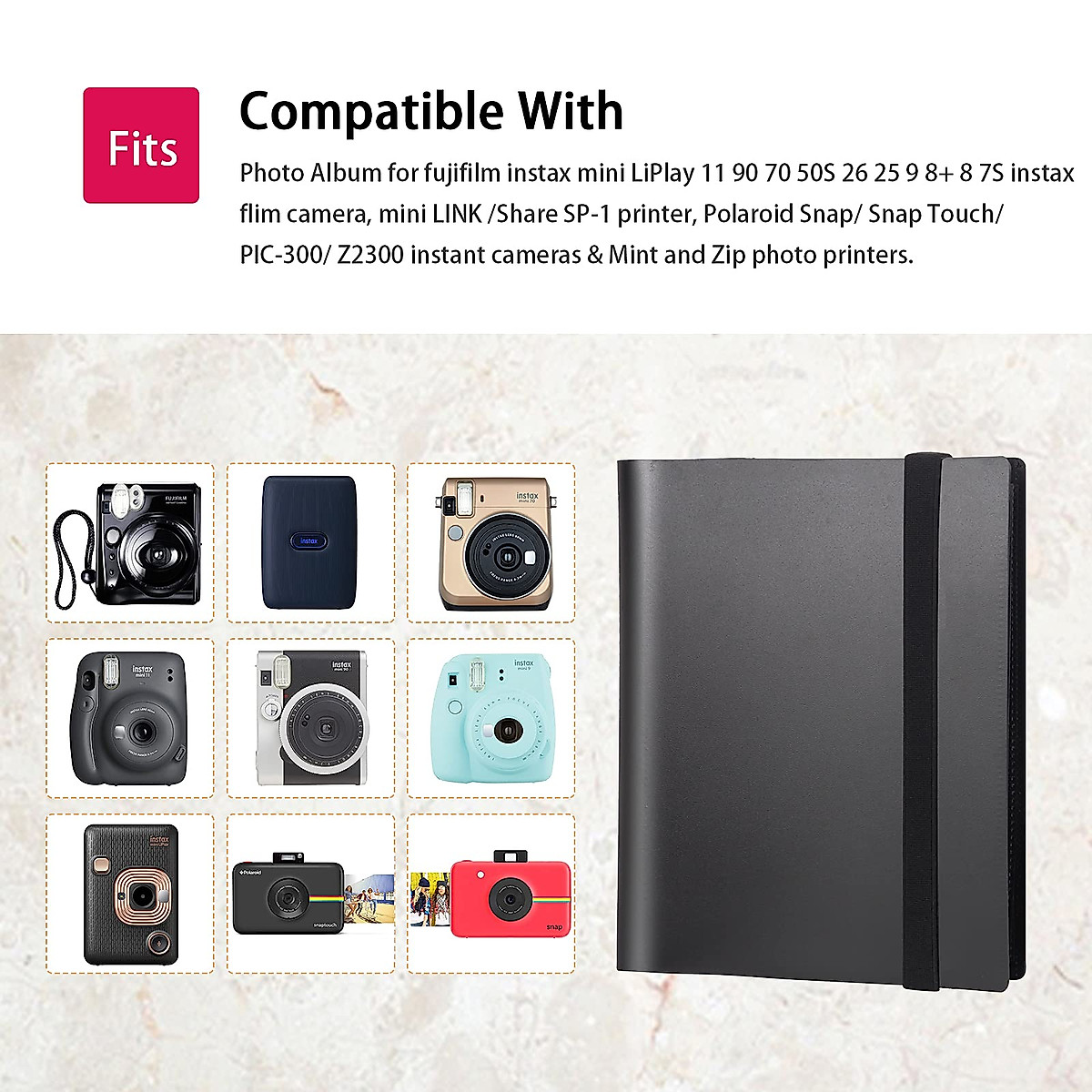 192 Pictures Photo Album for Fujifilm Instax Mini 11 12 evo 90 70 50S 26 25 9 8+ 7S Instant Camera, 2x3 Photo Album for Polaroid Snap Z2300 PIC-300P Film, Black