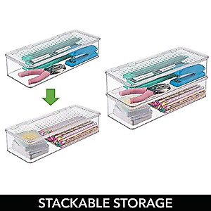 mDesign Long Plastic Home Office Storage Organizer Box Containers with Hinged Lid for Desktops - Holds Pens, Pencils, Sticky Notes, Highlighters, Staples, and Supplies - Clear