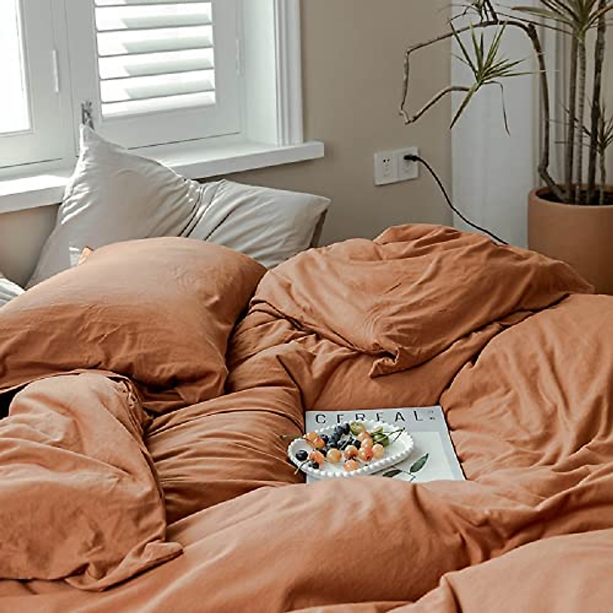 AMWAN Jersey Knit Cotton Duvet Cover Set Solid Pumpkin Color, Luxury Soft Comforter Cover Queen Size 3 Piece Bedding Set 1 Duvet Cover 2 Pillowcases Full Set