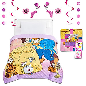 Beauty and The Beast Bedspread Twin Set for Kids - Bundle with Princess Belle Quilted Bedspread for Twin Bed Plus Room Decor, More | Beauty and The Beast Twin Bedding Set for Girls