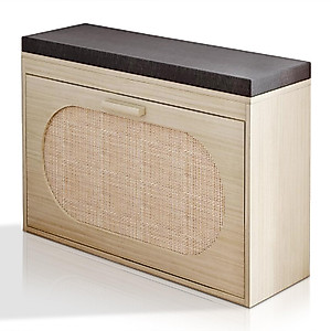 HomVent Rattan Shoe Rack, Shoe Cabinet with Flip-Drawer and Seat Cushion, Hallway Shoe Bench,