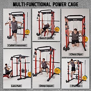 MAJOR LUTIE Power Cage, PLM03 1400 lbs Multi-Function Power Rack with Adjustable Cable Crossover System and More Training Attachment