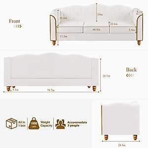 HITHOS 78" Leather Sofa Couch, Soft 3 Seater Sofa Couches for Living Room, Button Tufted Comfy Couch Modern Sofa with Upholstered Cushion, Gold Trim, Solid Wood Legs for Dorm Bedroom Apartment, White