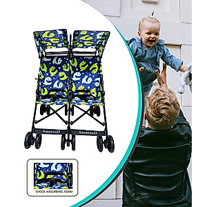 AmorosO Twin Lightweight Umbrella Stroller - Easy to Clean Stroller - Baby Stroller with Four Wheels - Travel-Ready Stroller - with Extra Storage - Sunlight and Light Rain Protection - Black