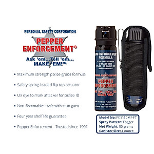 Pepper Enforcement PE1110MF-FT Fogger Pepper Spray with Metal Belt Clip Holster - Maximum Strength 10% OC Formula - Emergency Self Defense Personal Protection