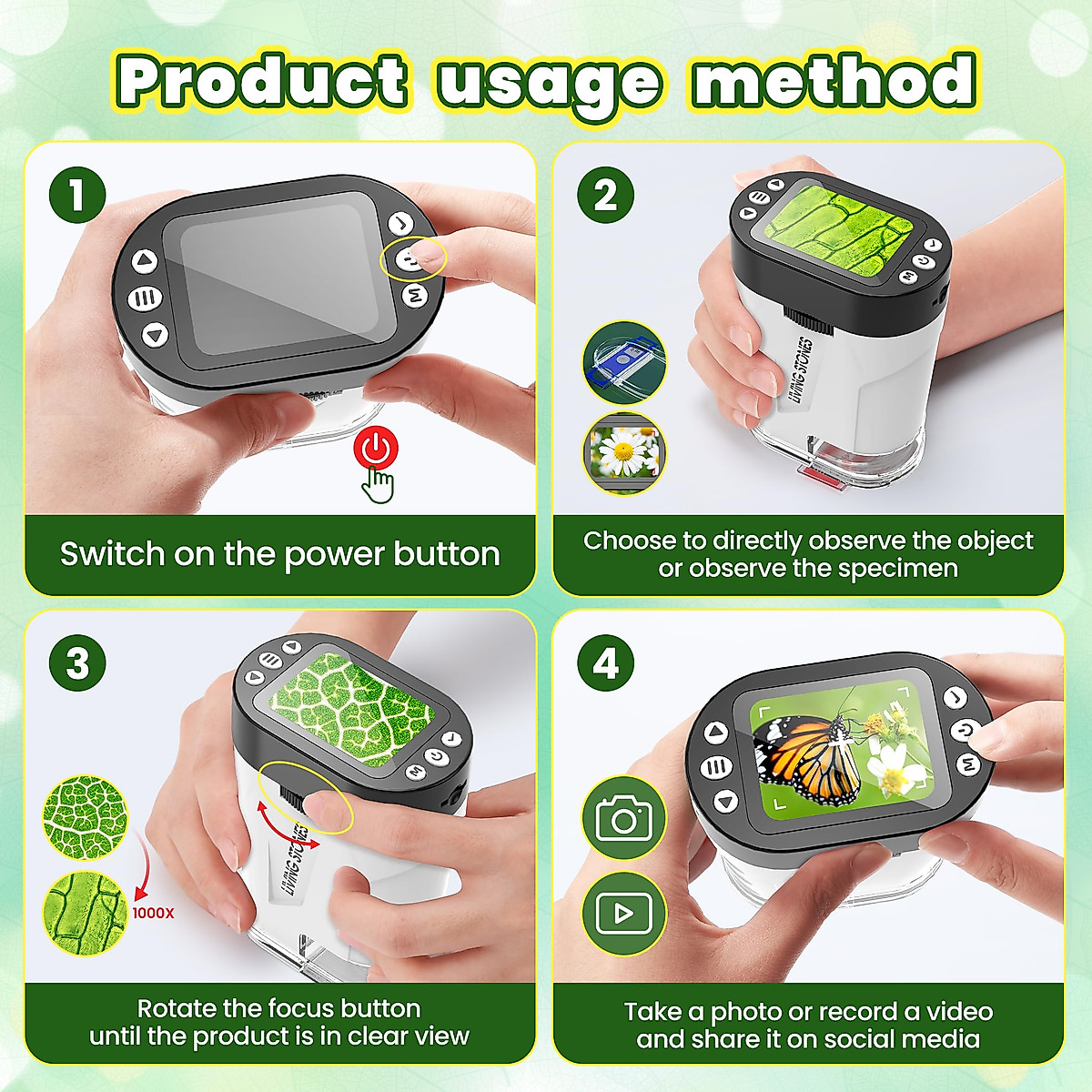 Skirfy Microscope Kids Toys, Science Kit with 1000x HD Video Photo Digital Mini Microscope, Family Day Games STEM Learning Educational Toys for Kids Age 6+, Easter Valentines Day Gifts for Kids