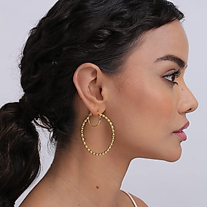 LeCalla 14K Gold-Plated 925 Sterling Silver Large Beaded Omega Hoop Earrings for Women Teen 55mm