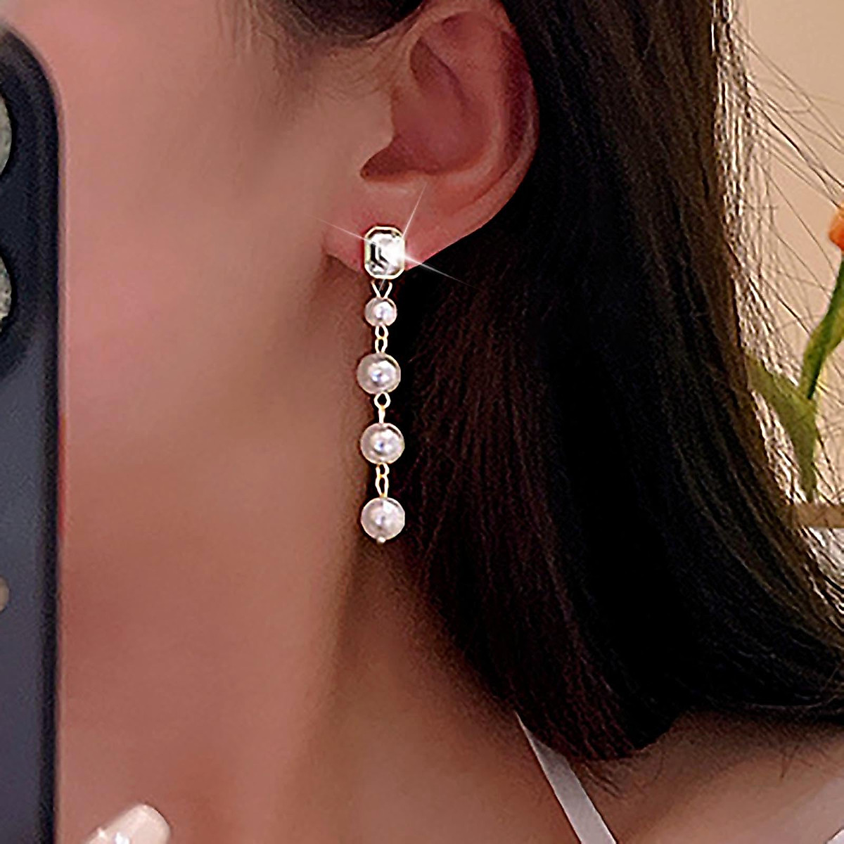 Sttiafay Vintage Crystal Pearl Drop Earrings Long Pearl Chain Earrings Gold Pearl Tassel Earrings Shine Bridal Cz Rhinestone Pearl Earrings Jewelry for Women and Girls