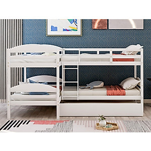 Harper & Bright Designs Quad Bunk Bed with Trundle, L Shaped Bunk Bed for 4 Kids, Wooden Twin Bunk Bed Frame for Kids Teens Adults - White