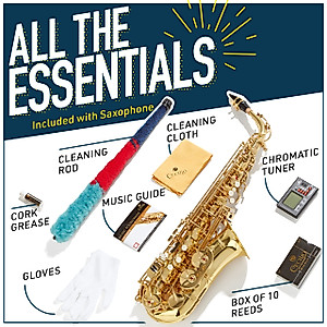 Mendini By Cecilio Eb Alto Saxophone - Case, Tuner, Mouthpiece, 10 Reeds, Pocketbook- Black & Gold E Flat Musical Instruments