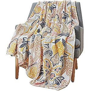 Decorative Boho Throw Blanket: Soft Plush Velvet Fleece Floral Damask Accent for Sofa Couch Chair Bed or Dorm, Colored: Tan Pink Yellow Grey Black White