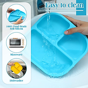 Dandat 6 Pack Powerful Suction Plates for Toddler Baby 100% Food Grand Silicone Microwave and Dishwasher Safe with Self Feeding Spoon Fork Utensils Set Divided Plates for Boys Girls (Bright Colors)