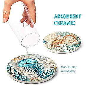 Teivio Absorbing Stone Sea Ocean Life Coasters for Drinks, Cork Base with Holder,Coastal Decor Beach Theme Tropical,for Housewarming Apartment Kitchen Bar Decor, For Wooden Table Coffee table,Set of 8