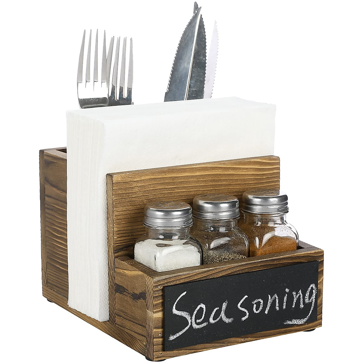 MyGift 4 Piece Set Rustic Brown Solid Wood Napkin and Salt & Pepper Shaker and Flatware Holder Caddy with 4 Compartments, 3 Seasoning Jar Bottles and Chalkboard Label