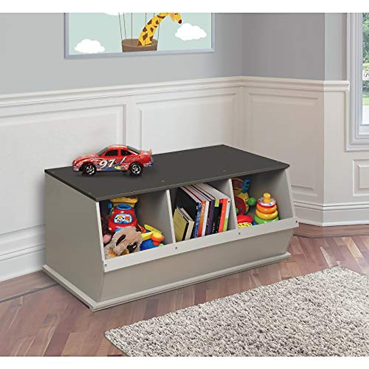Woodgrain/Grey Three Bin Stackable Storage Cubby Modern Contemporary Laminate Mdf Melamine Matte Includes Hardware