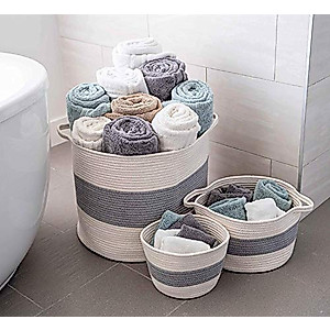 LITTLE HIPPO 3 Pcs Big Blanket Basket Living Room - (21"x16") Extra Large Rope Woven Baskets for Storage | 100% Natural Cotton Decorative Toy Basket with Handles | Boho Laundry Basket for Floor