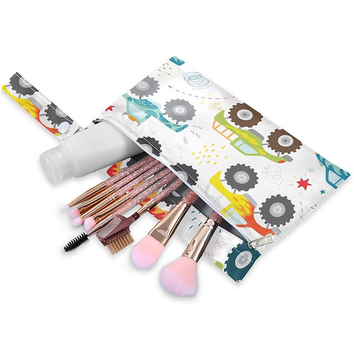 Kids Doodle Monster Truck Wet Dry Bag Reusable Diaper Wet Bag for Swimsuits Waterproof Wet Dry Organizer with Two Zippered Pockets Handle for Dirty Cloth, Swimsuit