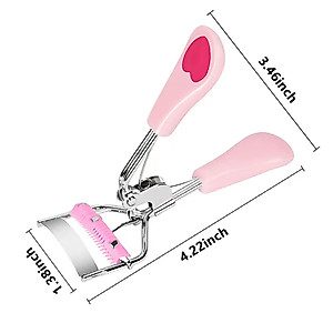 MERVK Stainless Steel Eyelash Curler with Built-in Comb Pinch Pain-Free Suitable for Any Eye Shapes and Sizes, with 5 Silicone Refill Pads (Light Pink)