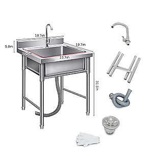 Utility Outdoor Sink for Washing, Stainless Steel Sink, with Faucet Drain, Storage Shelve Commercial Restaurant Sink for Laundry Garden Backyard Garage Outdoor (19.7"W x 19.7"D x 31.5"H)