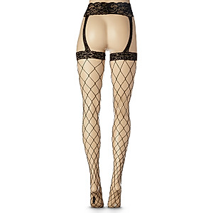 MUSIC LEGS Women's Lace Top Diamond Net Spandex Garterbelt Stockings, Black, One Size