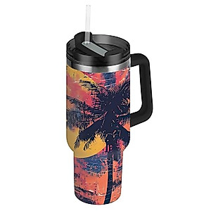 FRCSDIY Coconut Trees and The Sun Insulated Tumbler with Handle and Straw Lid,30oz Leakproof Stainless Steel Cup BPA-Free Water Bottle