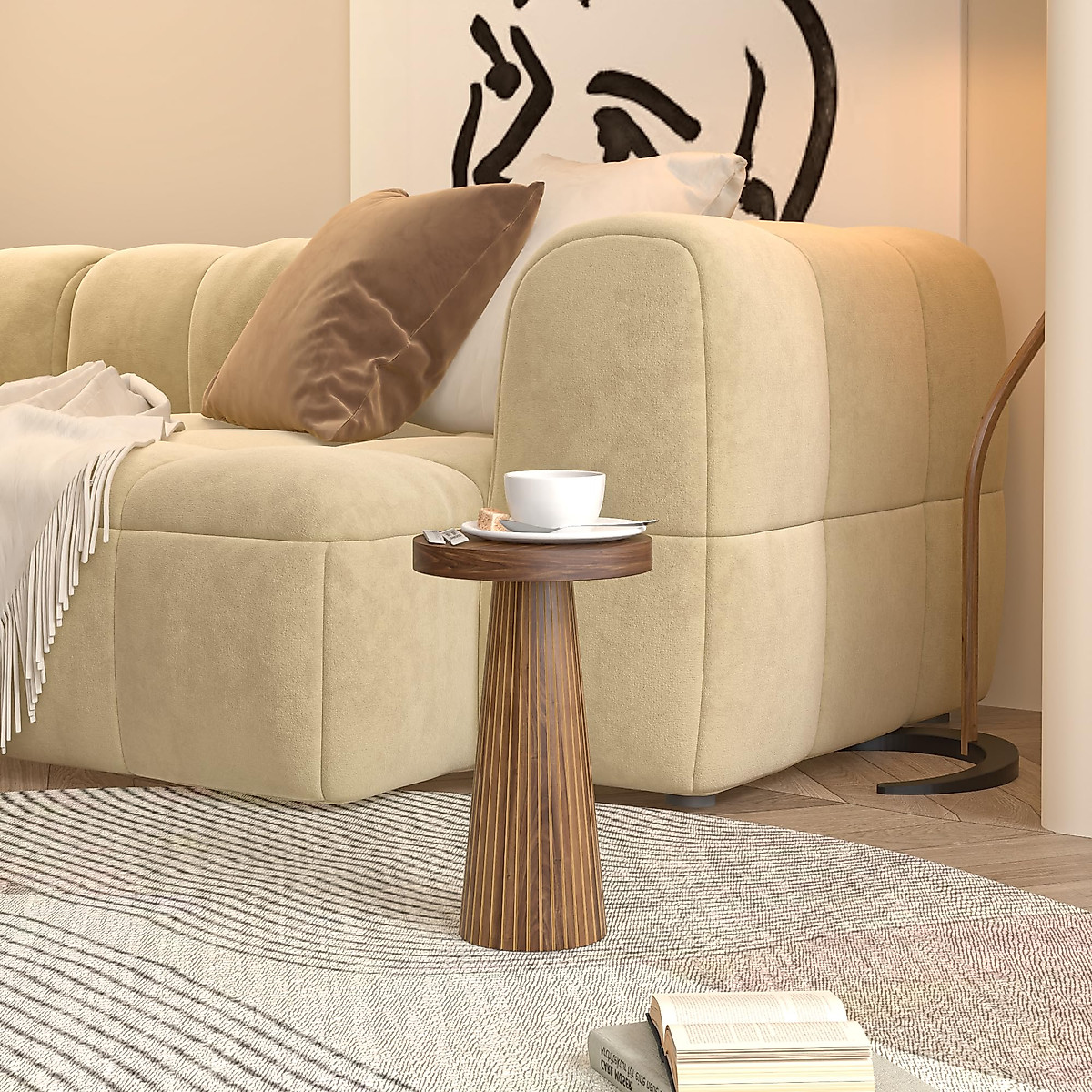 Mini Round Fluted Accent Pedestal Side Table, End Table, Drink Table Small Accent Table for Living Room, Mid Century Modern Night Stand, Circle Bedside Table, Wood Nightstands for Bedroom