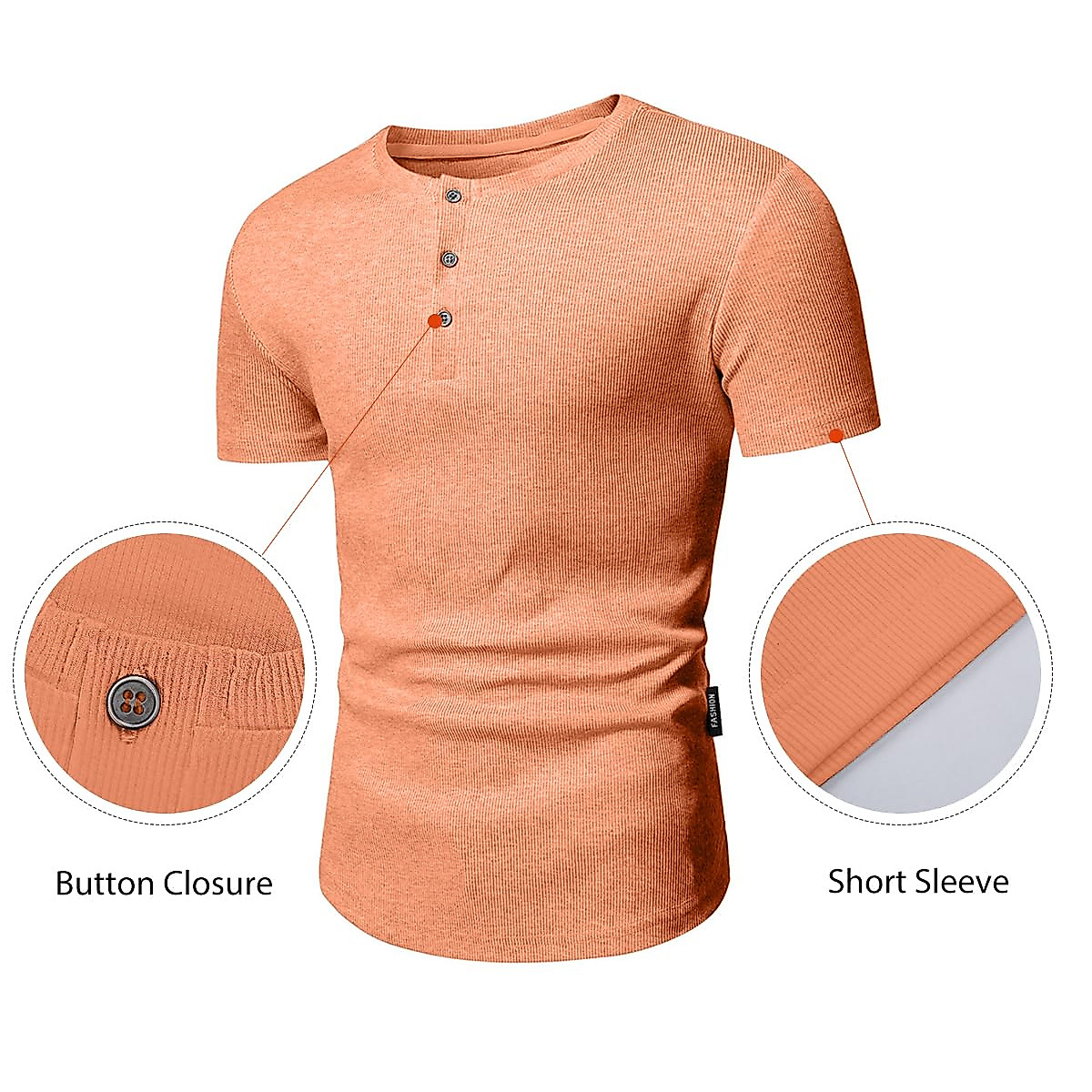 JMIERR Mens Muscle Slim Fit Button Henley Shirts Summer Crewneck Short Sleeve Longline Fitted T-Shirt Gym Workout Athletic Tees Shirt for Men, L, Orange