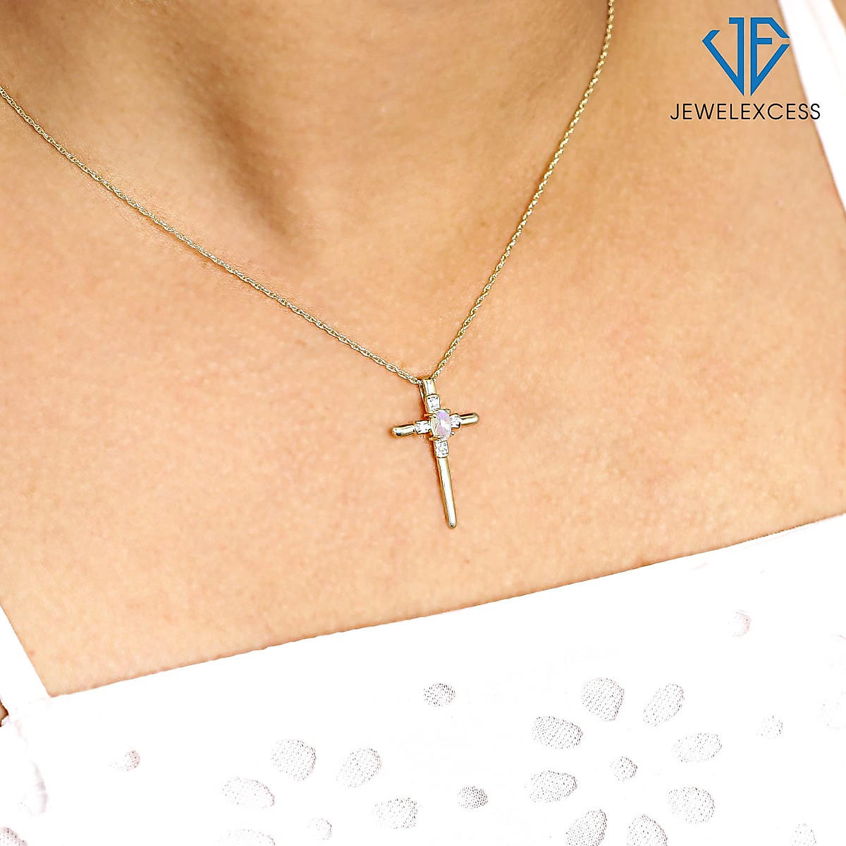 JEWELEXCESS Gold Cross Necklaces for Women – 14k Gold Cross Necklace for Women Over .925 Sterling Silver Cross – 4k Opal Necklace Centerpiece, White Diamond Accents – Hypoallergenic Cross Pendant
