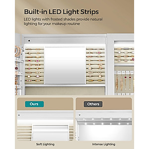 SONGMICS LED Jewelry Cabinet, Mirror with Jewelry Storage, Glass Window, Wall Door-Mounted, 3.9 x 23.6 x 31.5 Inches, Interior Mirror, 3-in-1, Bedroom, Dressing Room, Gift, White and Greige UJJC028W01