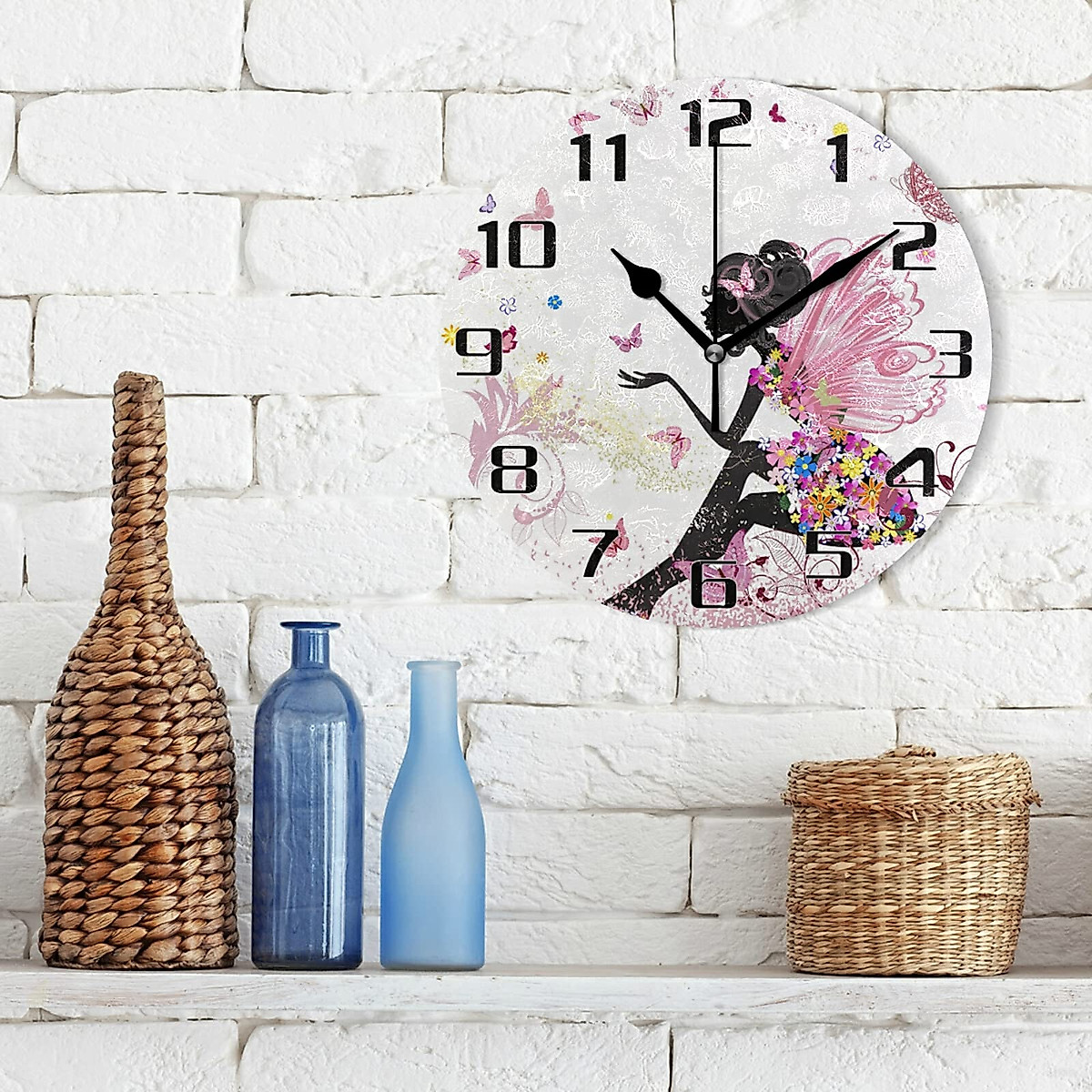 African Black Girl Floral Flower Wall Clock, Garden Butterfly Silent Non Ticking Round Clock for Home Kitchen Bedroom Desktop Stand Bathroom Living Room Decor Office Classroom Clock Art 9.5 Inch