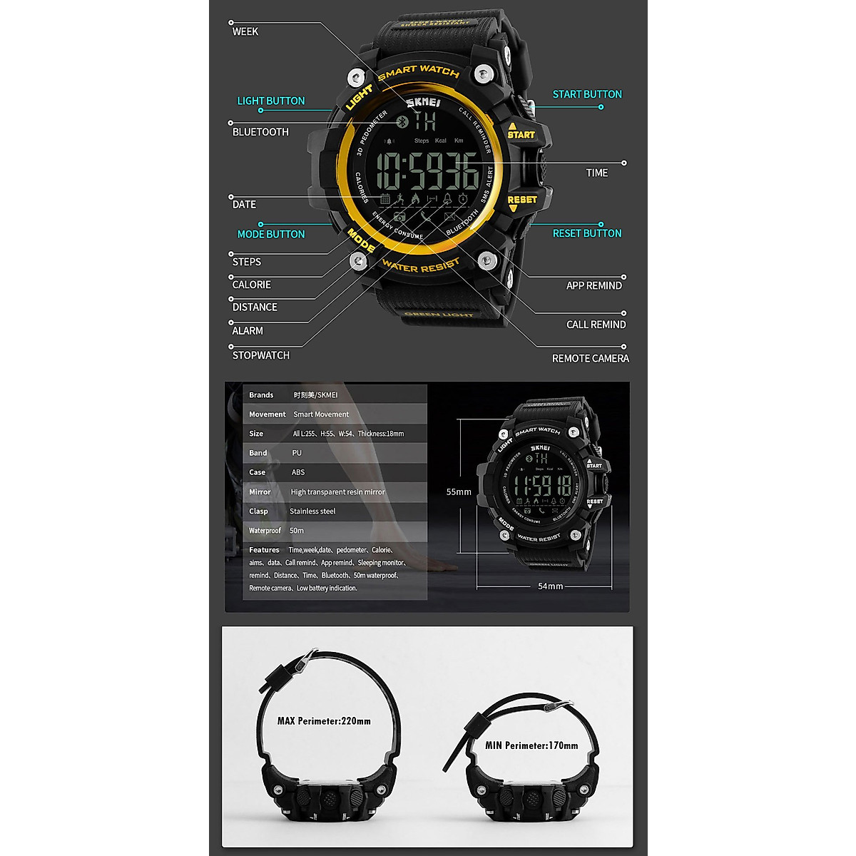 FANMIS Men Multifunction Smart Watch Pedometer Calories Digital Military Sport Watches Bluetooth for Android iPhone Activity Tracker Call Text Notification Monitor