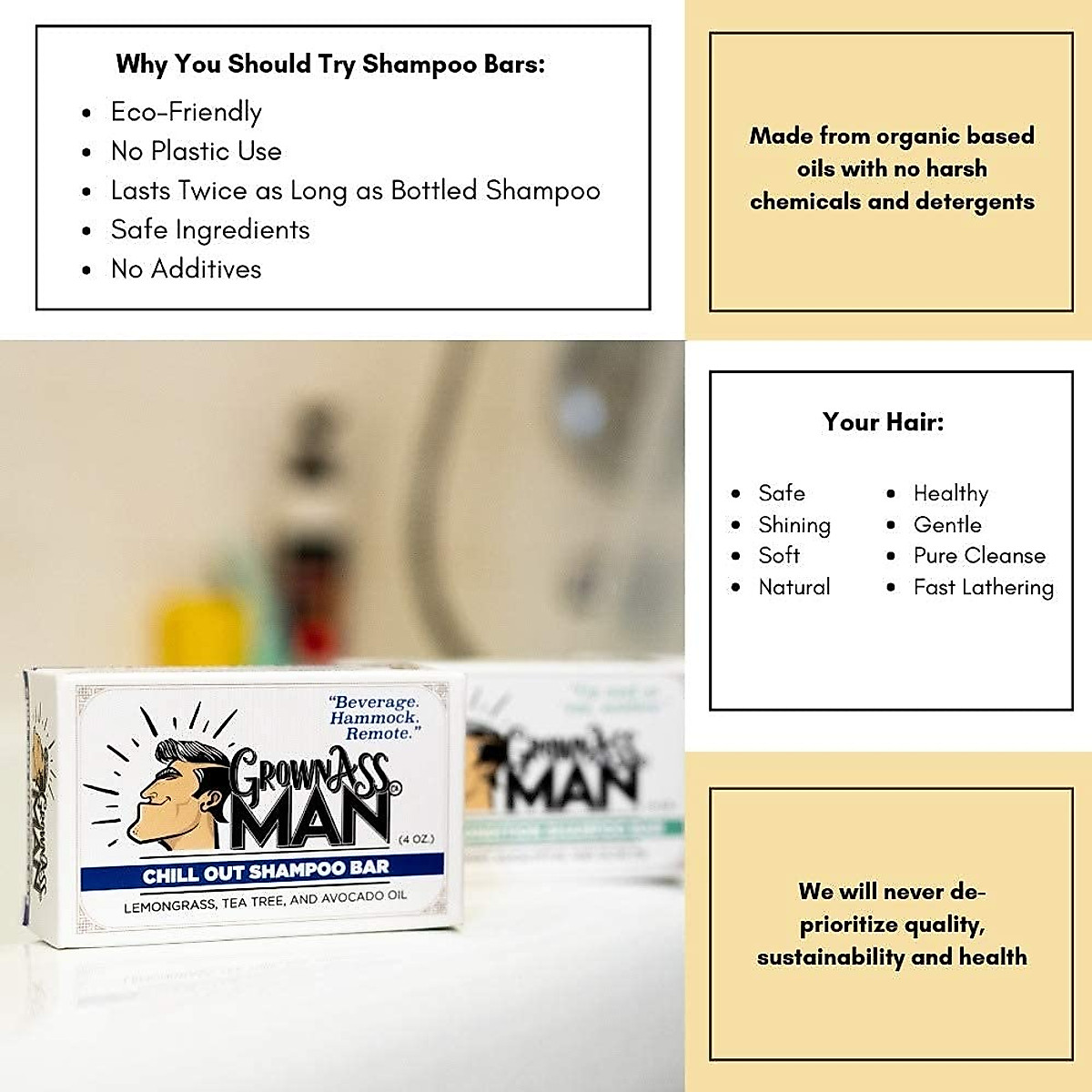 Grown Ass Man Co. - Solid Shampoo Bar Rich Lather 3 in 1: Hair, Beard & Body Wash - Plastic Free & Eco-Friendly, Natural & Organic Clean for All Hair Types, 4oz Bar (Variety, 3-Pack)