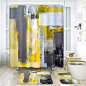 Britimes 4 Piece Shower Curtain Sets, Yellow Gray White with Non-Slip Rugs, Toilet Lid Cover and Bath Mat, Durable and Waterproof, for Bathroom Decor Set, 72" x 72"