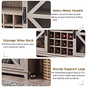 OKD Farmhouse Coffee Bar Cabinet with LED Lights, 55" Wine Bar w/Sliding Barn Door & Wine and Glass Rack, Kitchen Buffet Cabinet w/Storage Shelves for Dining Room,Light Rustic Oak