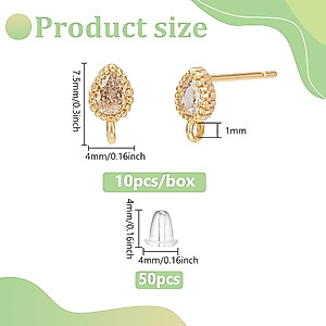 BENECREAT 10PCS 18K Real Gold Plated Teardrop Cubic Zirconia Earring Studs with Loop for Earring DIY, Valentine's Day Jewelry Gift Making, Hole: 1mm