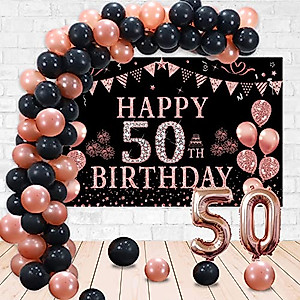 Trgowaul 50th Birthday Decorations Women - Black Rose Gold Happy 50th Birthday Banner Backdrop, 60 Pcs Latex Confetti Balloons and 50 Number Balloons 50 Years Old Birthday Party Supplies Gifts for her