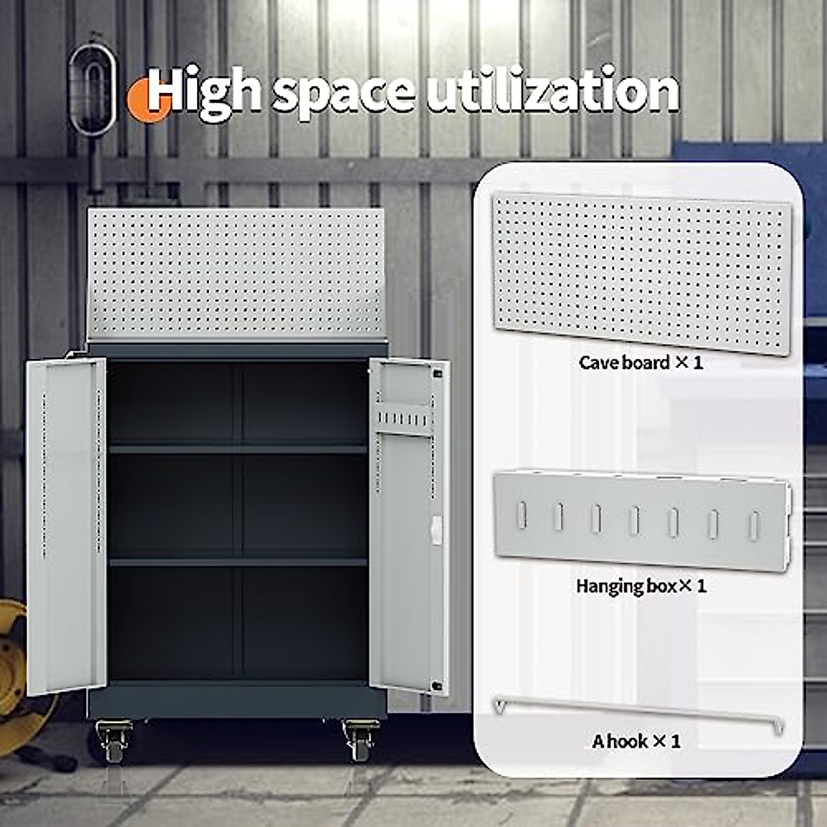 VCGGAIP Metal Storage Cabinet - Garage Storage Cabinet with 2 Doors and 4 Adjustable Shelves,Steel Lockable Garage Cabinets for Office,Home,Garage (Dark Gray and Light Gray, 43 Inch)