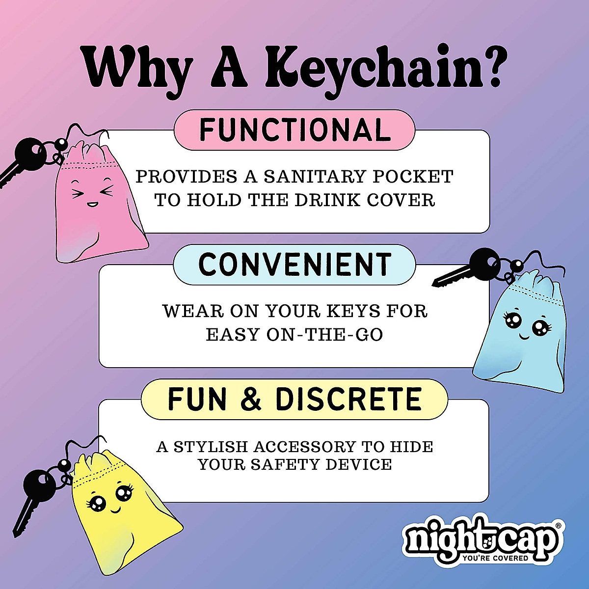 Nightcap Keychain - The Reusable Drink Spiking Prevention Accessory - Conveniently Attach the Key Ring Key Chain Pouch to Your Keys, Handbags, or Purse for Quick Access 4pk