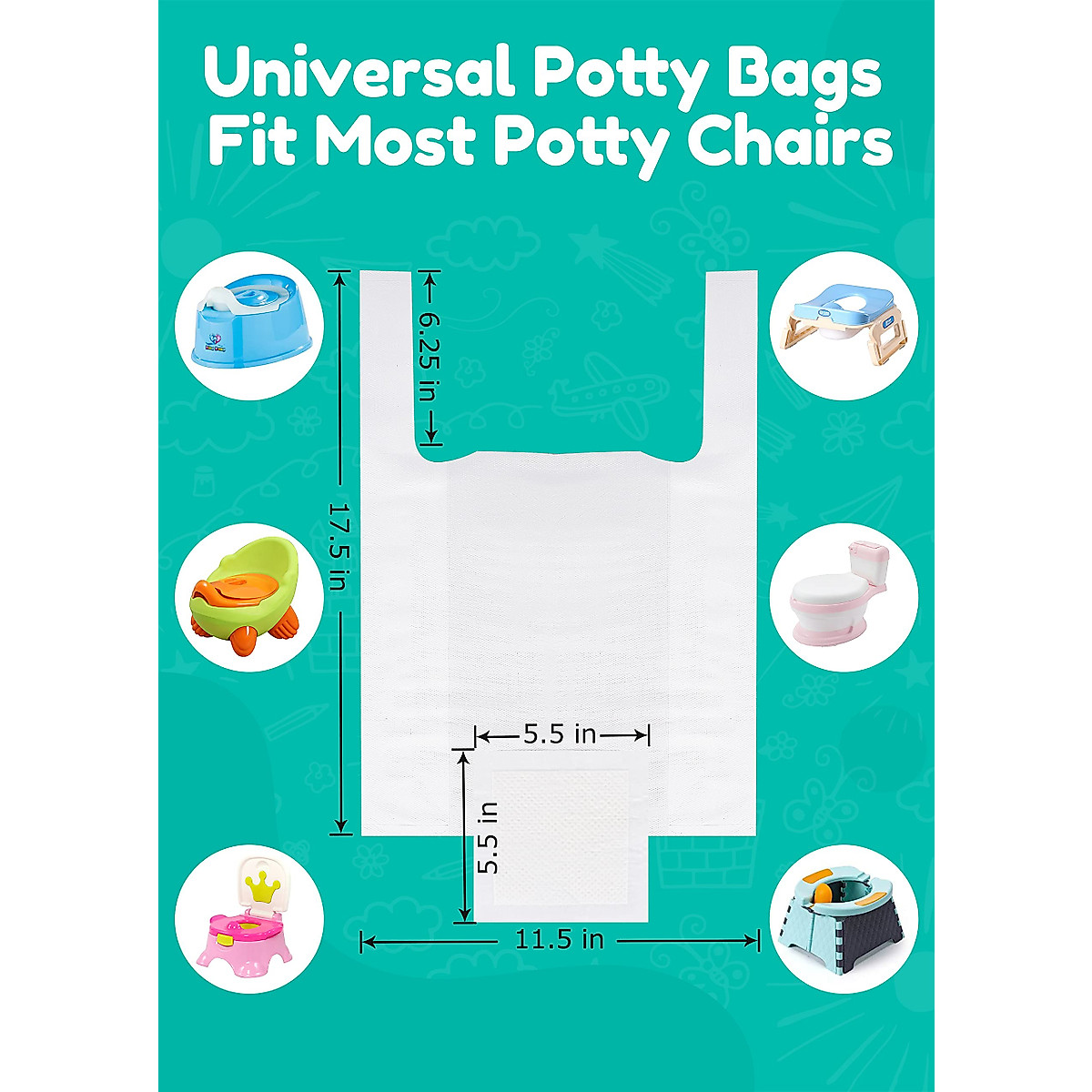 Newnice 60 Packs Disposable Potty Liners with 7oz / 200ml Absorbent Pads, Travel Potty Refill Bags Compatible with OXO Tot 2-in-1 Go Potty, Universal Potty Liners Fit Potty Chairs for Kids,Toddlers