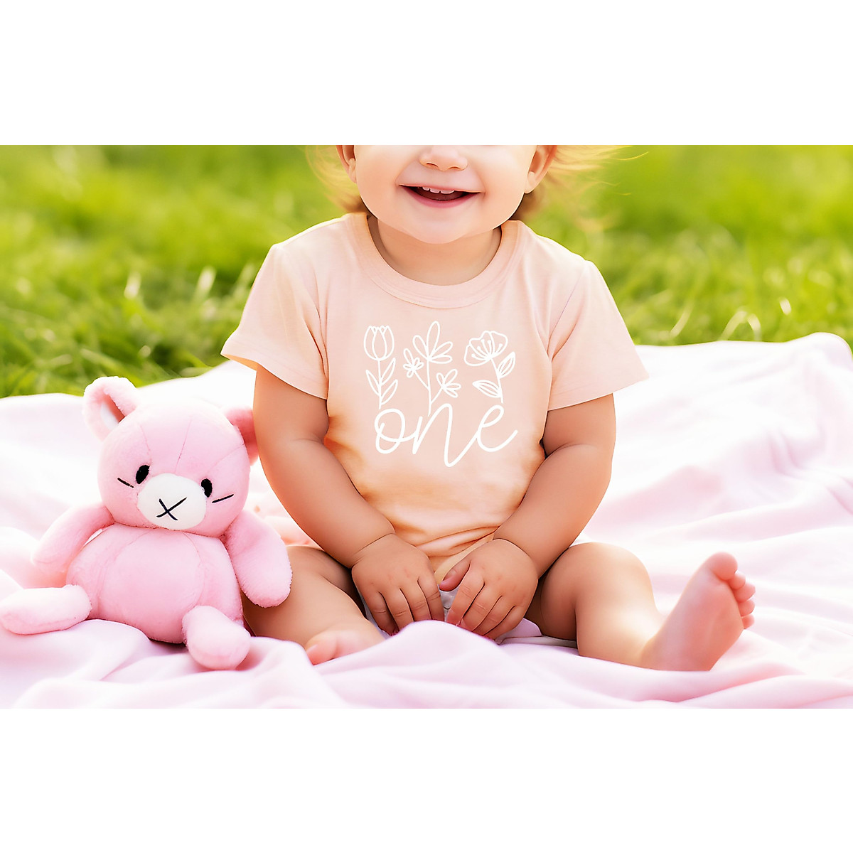 One Floral 1st Birthday Shirt for Baby Girls First Birthday Outfit White on Peach Shirt 12 Months