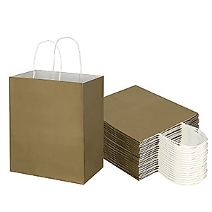 Toovip 50 Pack 8x4.75x10 Inch Medium Gold Kraft Paper Bags with Handles Bulk, Gift Wrap Bags for Favors Grocery Retail Party Birthday Shopping Business Goody Craft Merchandise Take Out Bags Sacks