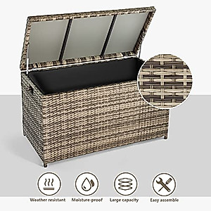 COSVALVE 130 Gallon Deck Box, Wicker Rattan Outdoor Storage Box, Patio Garden Furniture Container with Waterproof Cover for Outdoor Cushions & Pillows, Pool Toys, Garden Tools, Sports Equipment Supplies (Grey)