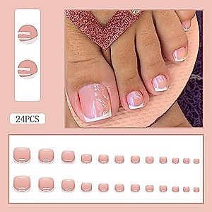 French Tips Press on Toenails Pink Square Toe Fake Nail Tips French Light Powder Design Acrylic Toe Nails Full Cover Glue on Toenails Glossy Summer False Toe Static Nails for Women Girls 24Pcs