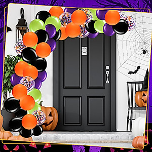 Sratte 60pcs Balloons Kit 12 Inch Confetti Balloons with 2 Rolls Ribbon Latex Balloon Party Favor Metallic Balloons for Birthdays Baby Shower Wedding Graduation Decorations (Orange,black,purple,green)