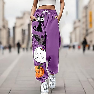 JMMSlmax Women Halloween Cute Printed Baggy Sweatpants Pockets High High Waist Sporty Gym Athletic Fit Jogger Lounge Trousers