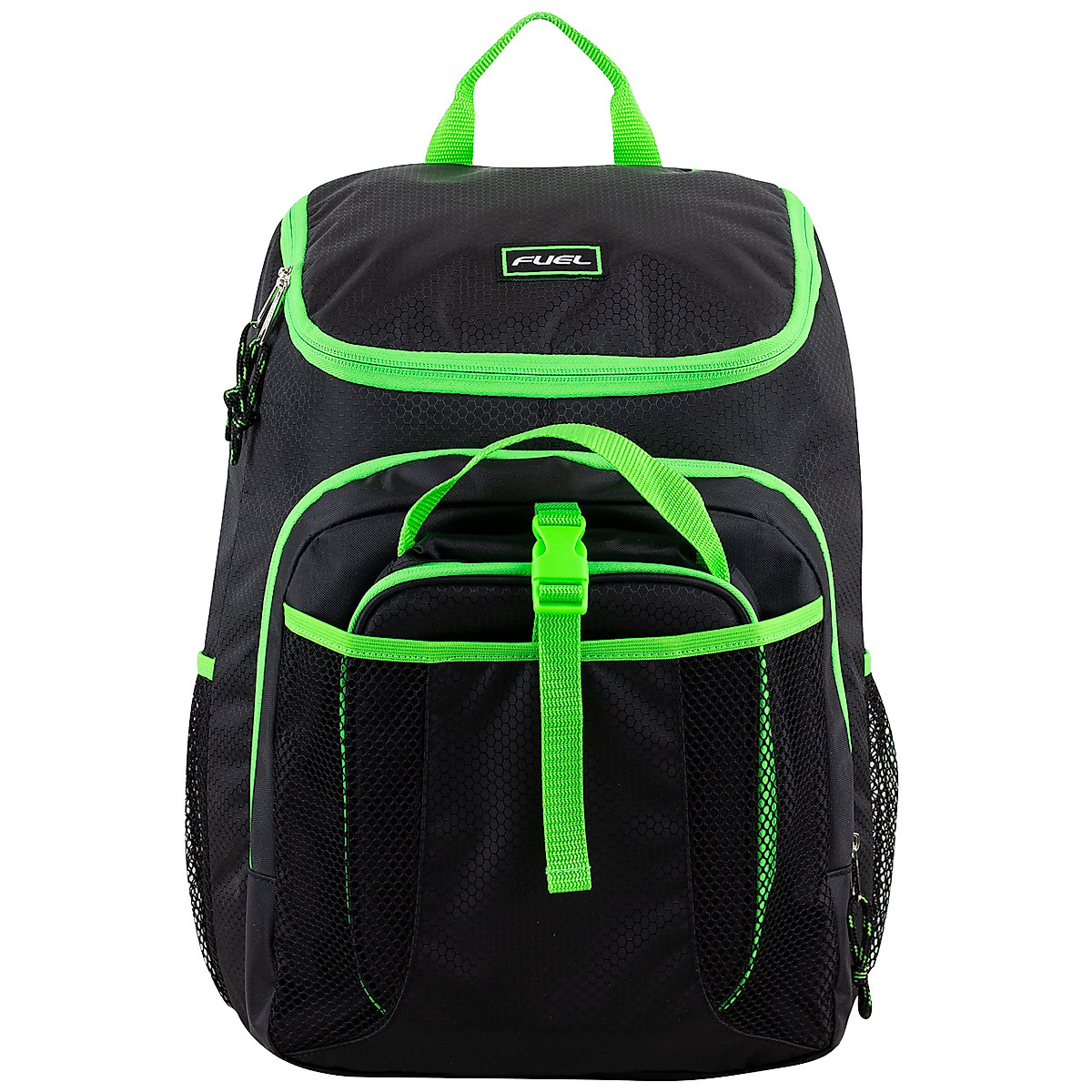 FUEL Teens Student Water Resistant Backpack Set Lunch Bookbag Bag Soft Reusable Insulated Cooler Lunch Box Thermal Travel Office Lunch Bag, Black with Neon Green