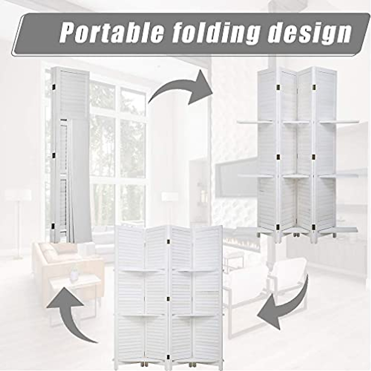 4 Panel Room Divider Folding Privacy Wooden Screen with Three Clever Shelf Portable Partition Screen Screen Wood for Home Office (White)