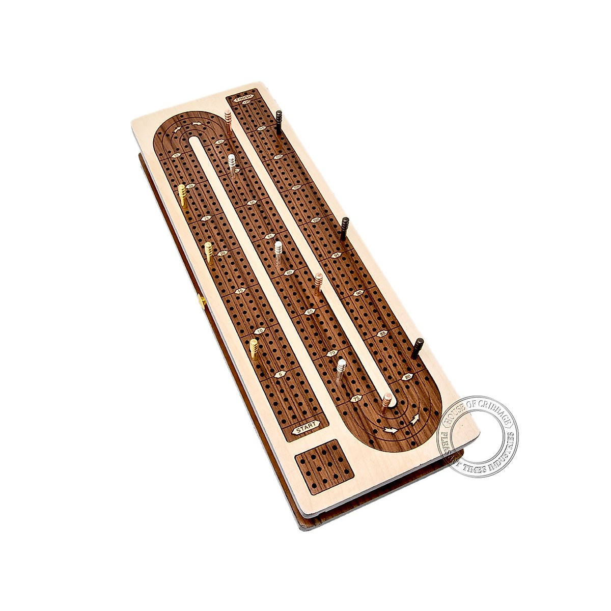 House of Cribbage - Continuous Cribbage Board Inlaid 4 Tracks Maple/Teakwood with Sliding Lids and Drawer