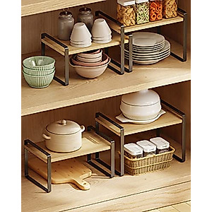HILINSIE Cabinet Organizer Shelf- Set of 2 Kitchen Counter Shelves, Expandable Spice Racks, Stackable Counter Top Shelf, Engineered Wood and Metal, 7.7 x 11.6 x 14 Inches, Natural and Black